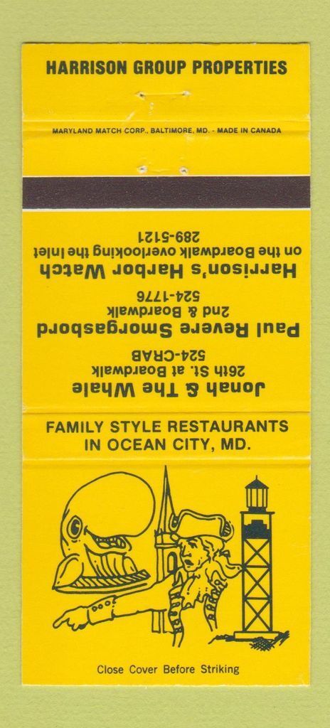 Matchbook Cover - Harrison Group Properties Ocean City MD 30 Strike | eBay