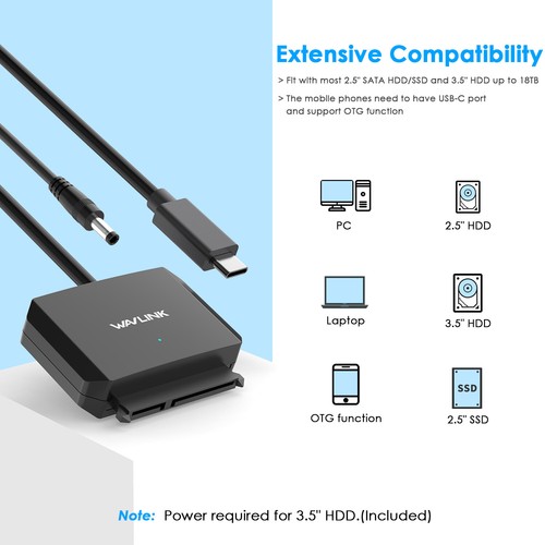 USB-C to SATA Adapter 5Gbps HDD/SSD Reader 2.5/3.5" Drives Plug & Play ...
