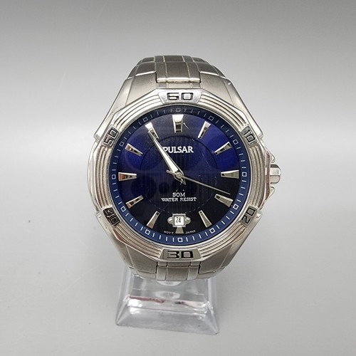 Pulsar Watch Men Silver Tone Blue Dial Date 50M VX42-X357 44mm Diver ...