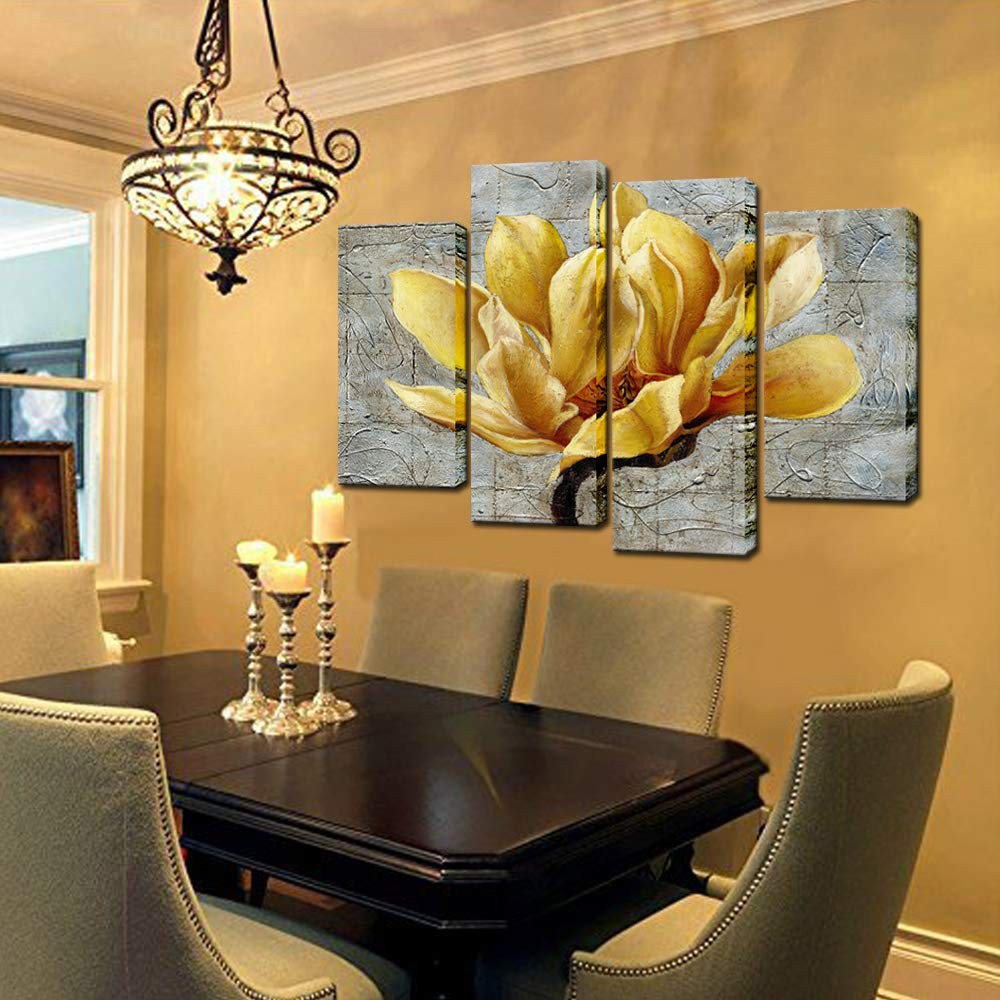 - 4 Panel Floral Wall Art Elegant Yellow Flower on Abstract Background ...