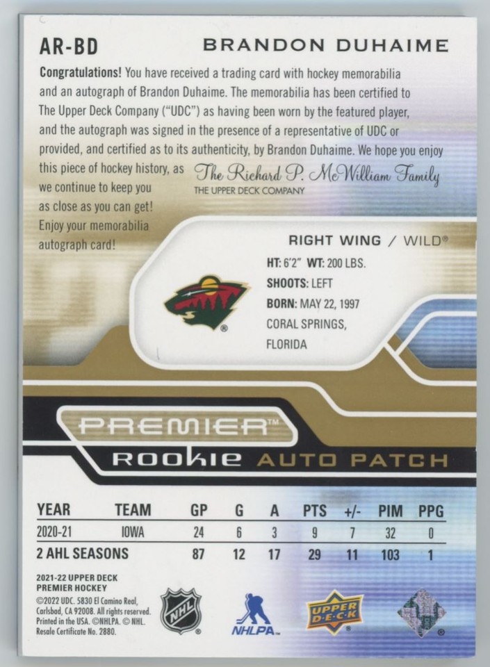 2021-22 Upper Deck Premier Acetate Rookie Auto Patch Gold 39/65 Brandon ...