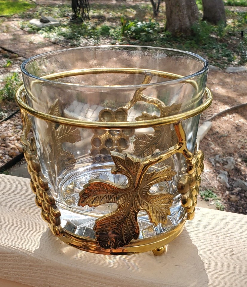 VTG Menagerie Eden Ice Bucket Brass Stand Grape Motif + Cut Glass NEW ...