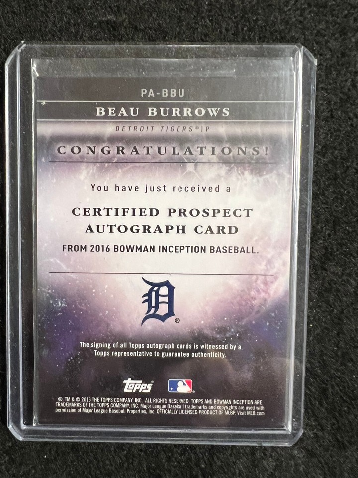 2016 Bowman Inception Purple Auto On Card Beau Burrows #PA-BBU Detroit ...
