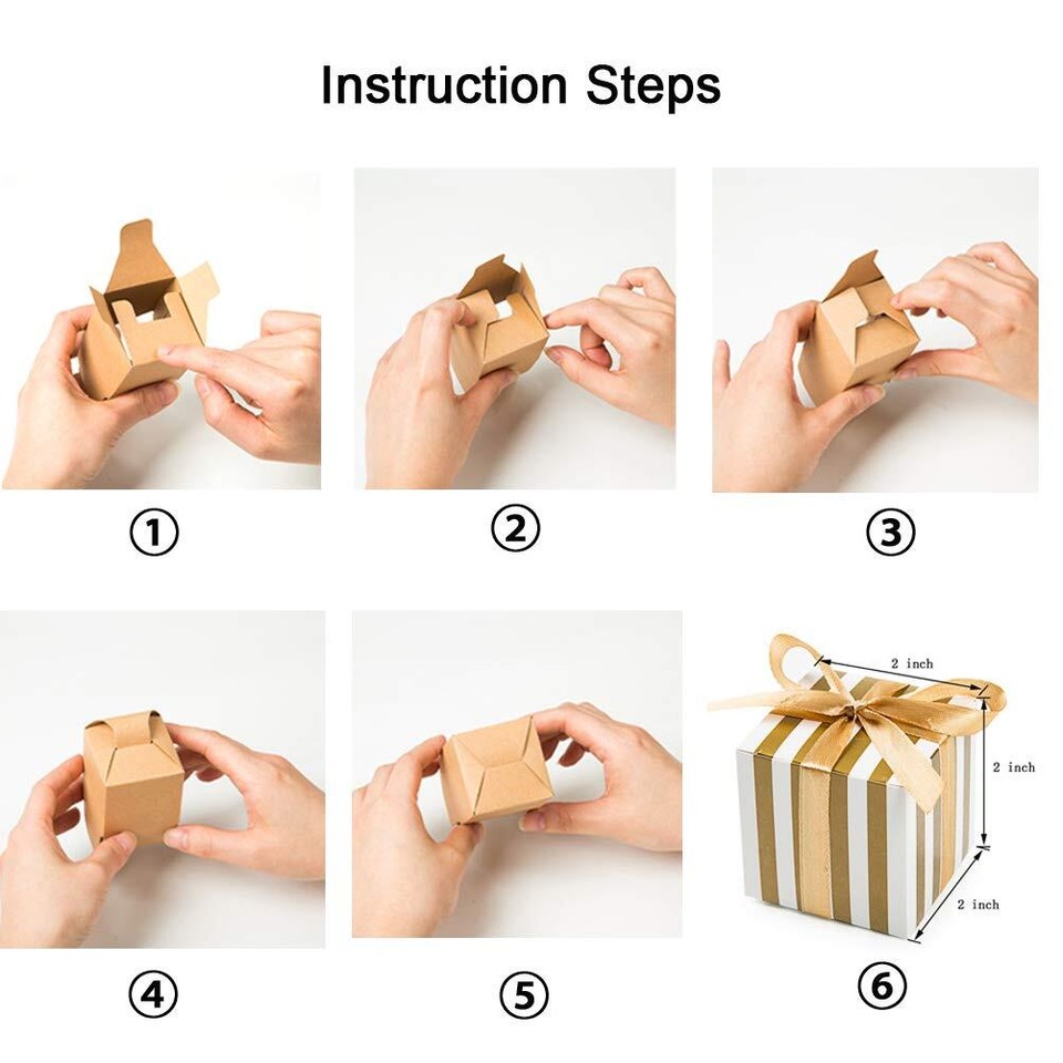 Small Candy Box Bulk 2x2x2 inch with Ribbon, Gold White Strips Box ...