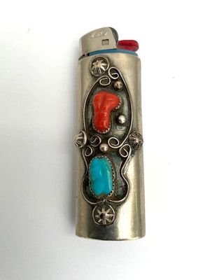 Vtg Silver Turquoise & Coral Native American Art Lighter Case Lighter ...