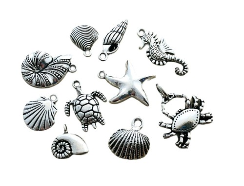 10 Assorted Beach Ocean Seashells Shells Silver Metal Bead Art Charms ...