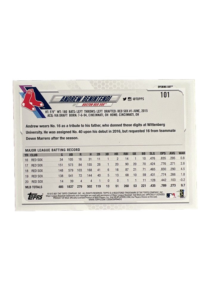 2021 Topps Opening Day Andrew Benintendi Boston Red Sox #101 | eBay