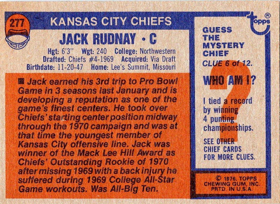 1976 Topps Jack Rudnay #277 Kansas City Chiefs Vintage Football Card | eBay