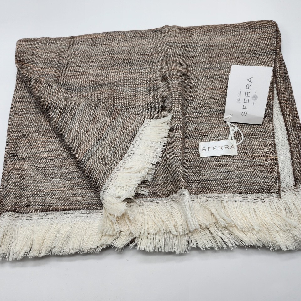 Sferra Taupe Linen Throw Blanket Fringed Woven Linear Design Oversized ...