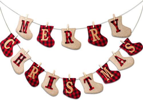 HALLO Merry Christmas Burlap Banner-Sock Shaped Christmas Decoration ...