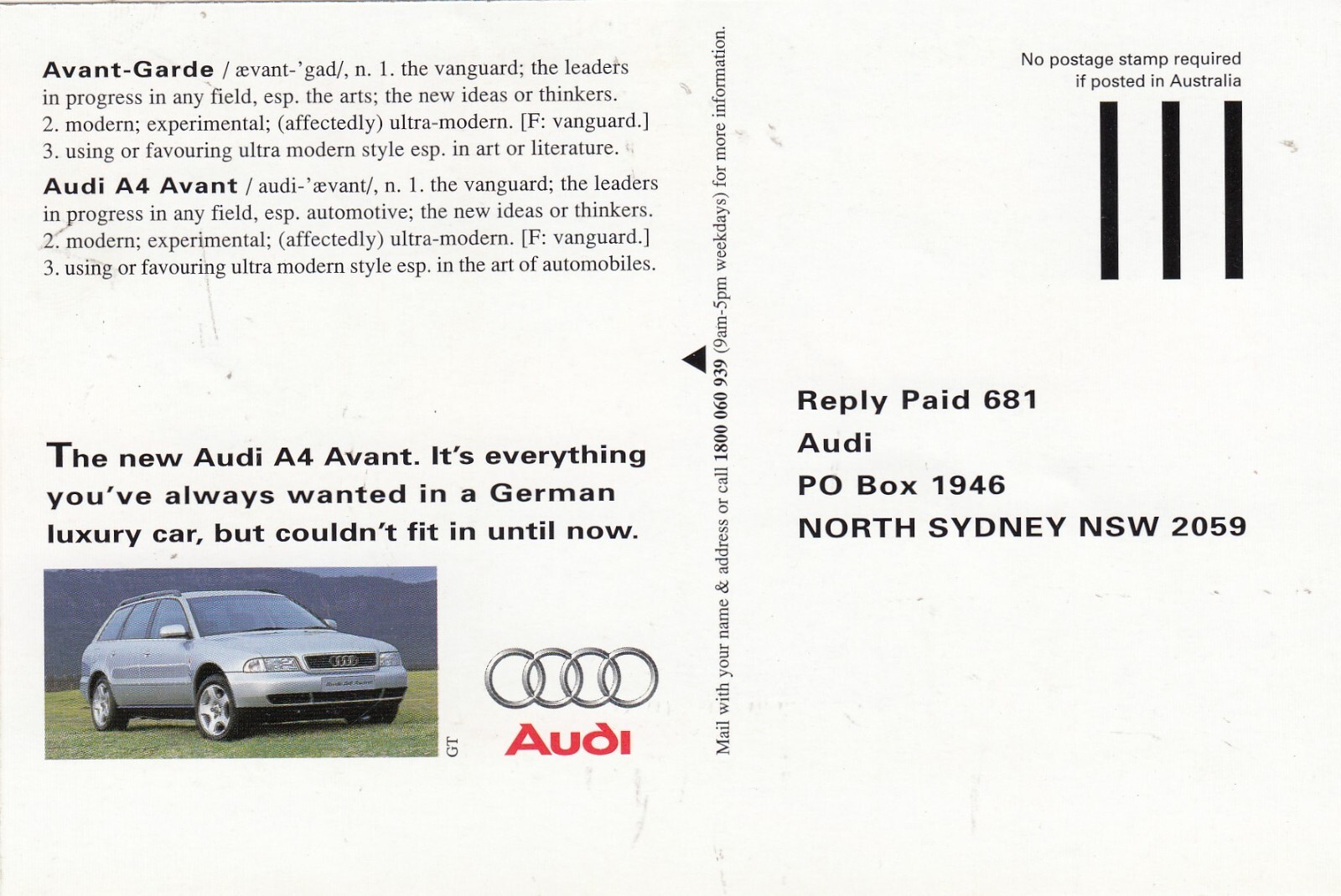 1997 AUDI A4 Avant Car Postcard Advertisement Retro Art Deco - As New ...