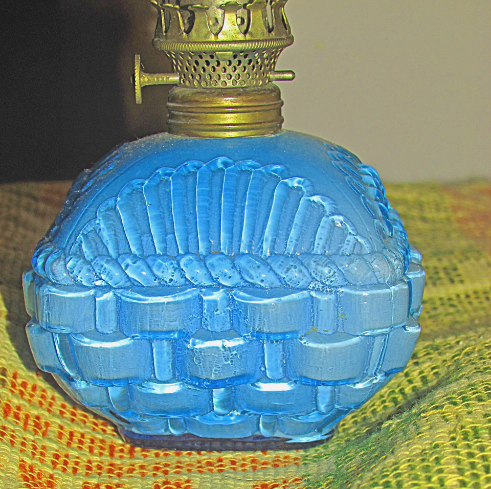 Antique light blue cased glass miniature oil lamp basketweave rope ...