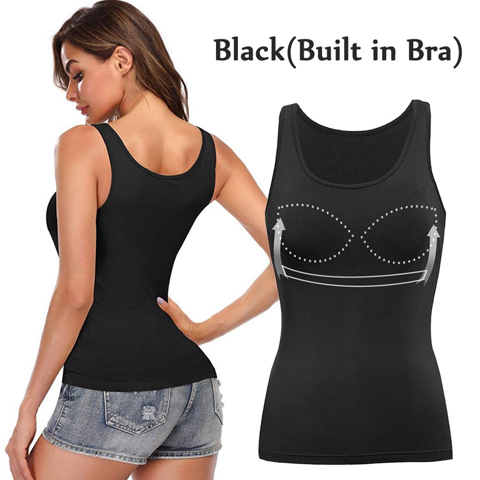 Women Comfort Tank Top Stretch Wide Strap Camisole with Built In Bra ...