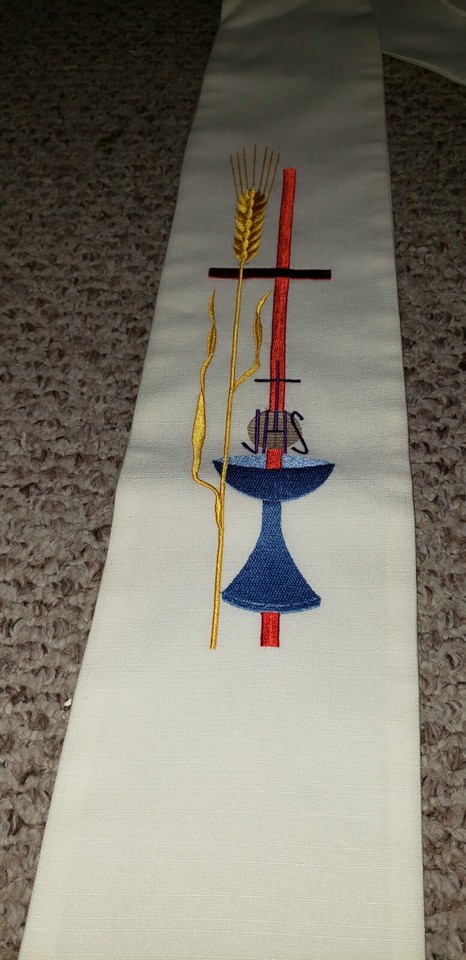 CLERGY STOLE OFFICIANT VESTMENT CREAMY WHITE W/EUCHARIST SYMBOLISM JHS ...
