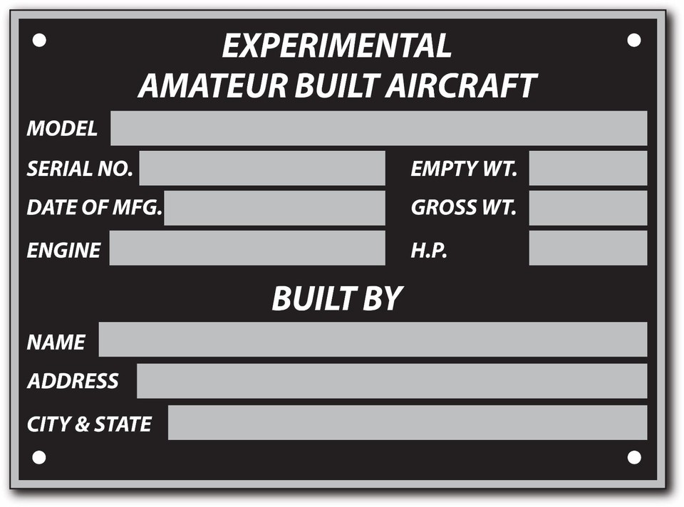 Amateur Built Experimental Aircraft Placard & Data Plate Engraved ...