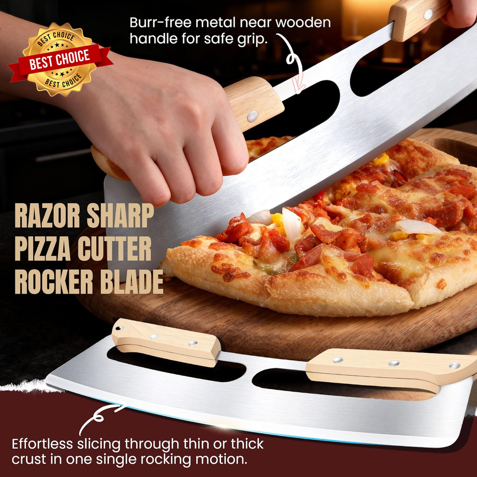 Pizza Cutter Rocker Blade with Wooden Handle, Premium 14Inc K nife ...
