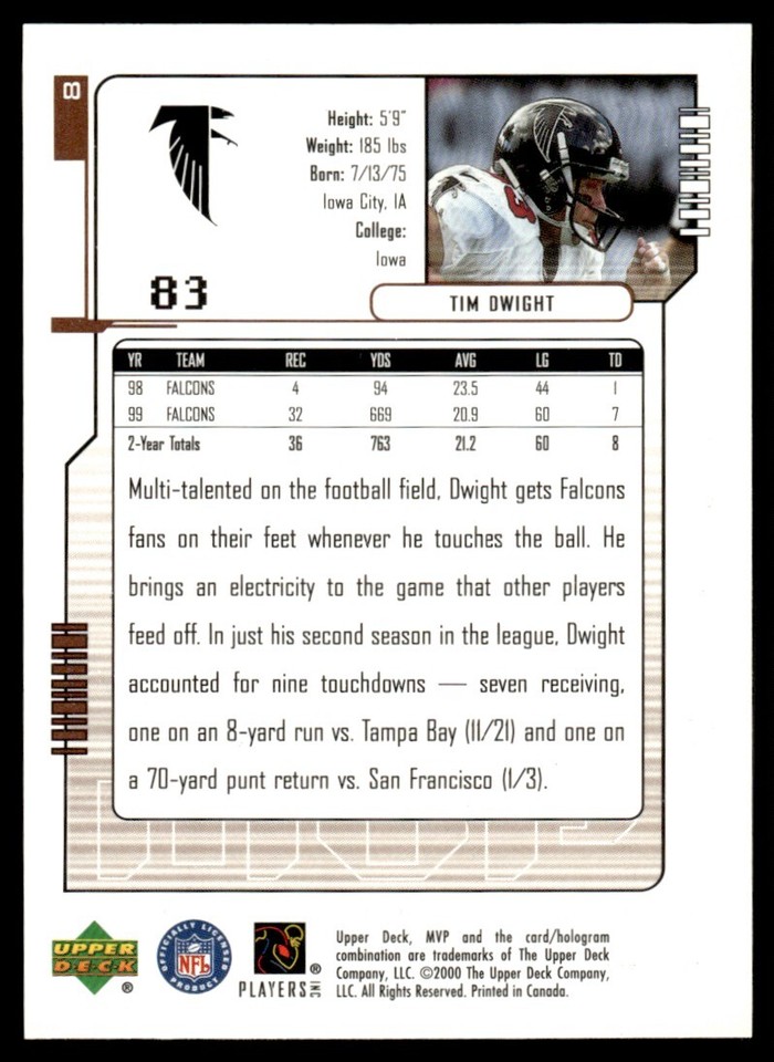 2000 Upper Deck MVP Tim Dwight Atlanta Falcons #8 | eBay