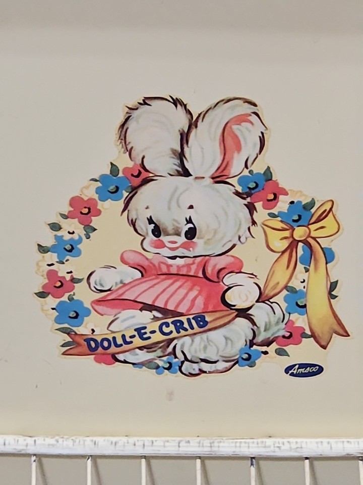 Vintage Amsco Cream Colored Metal Doll E Crib Wooden Wheels Bunny ...