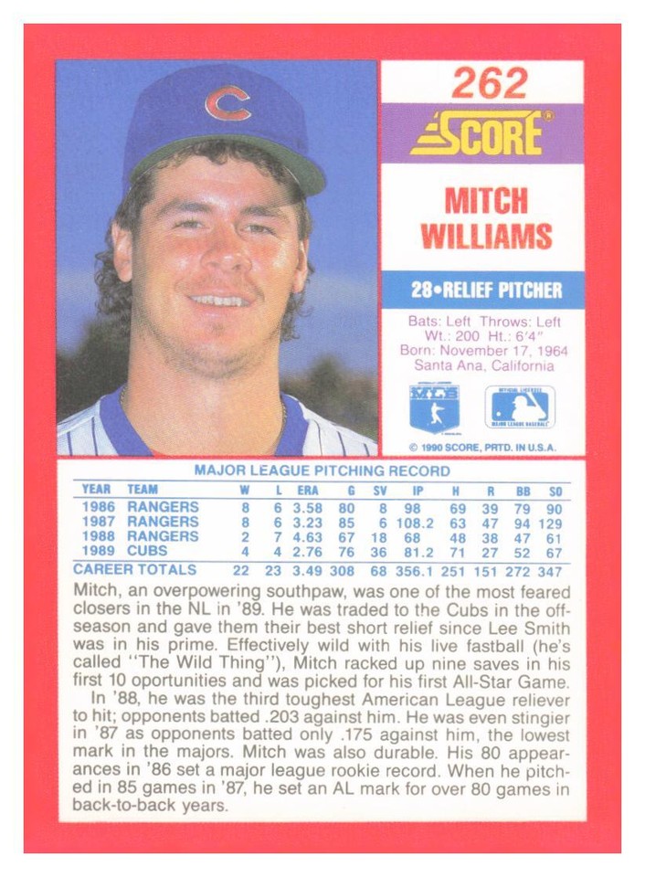 1990 Score #262 Mitch Williams | eBay