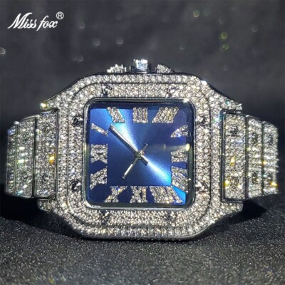 Luxury Fully Ice out Men's Watch Iced Bling Hip Hop Diamond Silver Blue ...