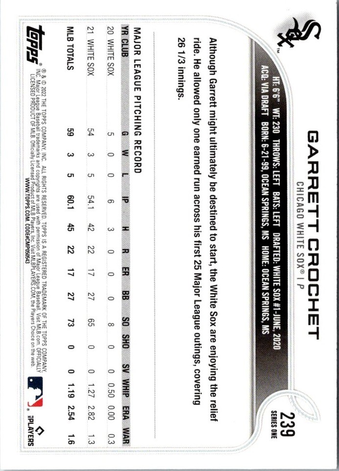 2022 Topps Garrett Crochet #239 Chicago White Sox Baseball Card | eBay
