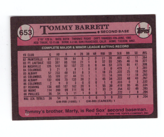 1989 Topps Baseball card #653 Tommy Barrett Phillies | eBay