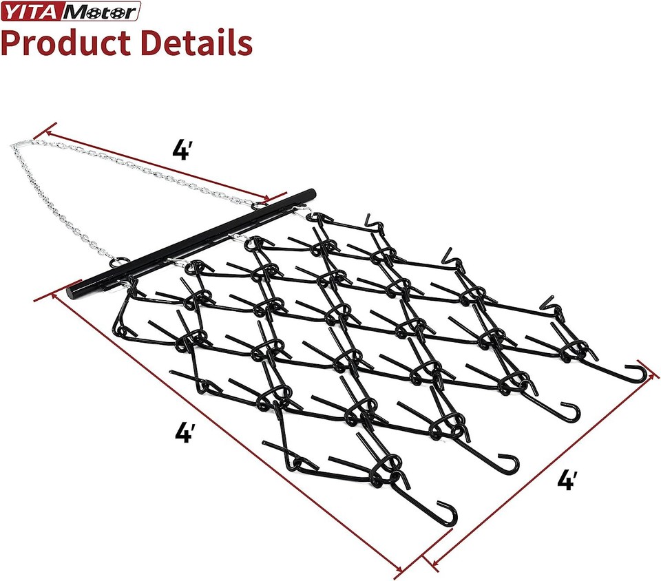 4FT 4' X 4' Steel Drag Harrow 3/8in Tines Chain for ATV UTV Leveling ...