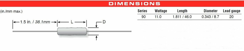 Ohmite 90J40K, 40K Ohm 11 Watt Wirewound Vitreous Enamel Power Resistor ...