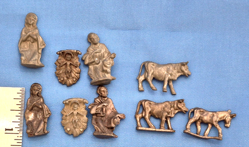 2 Vintage Miniature Pewter Nativity Set Baby Jesus/Mary/Joseph/ 2 cows ...