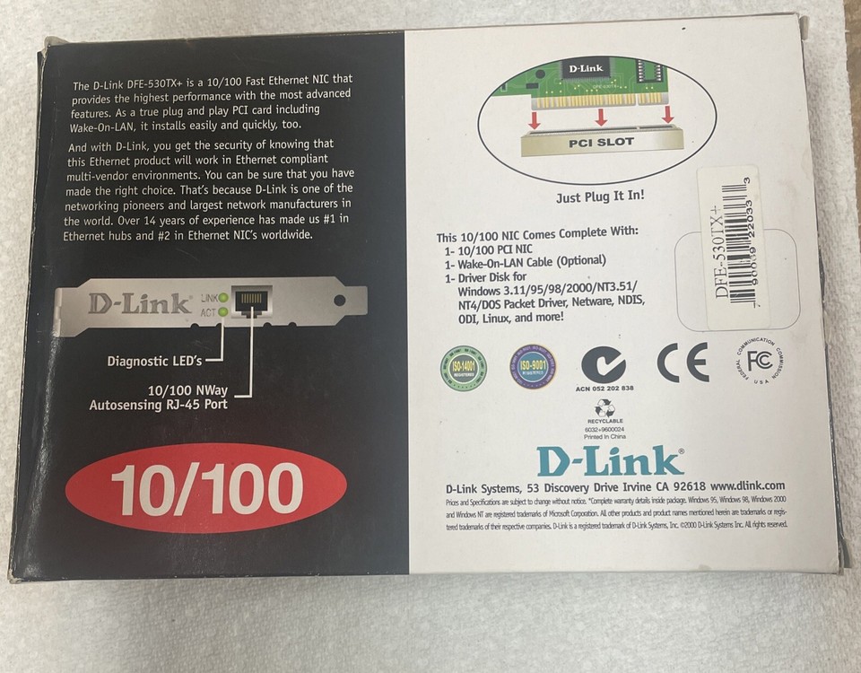 DLink DFE-530TX+ Rev D2 PCI Fast Ethernet Card 10/100 BaseT NIC BootROM ...