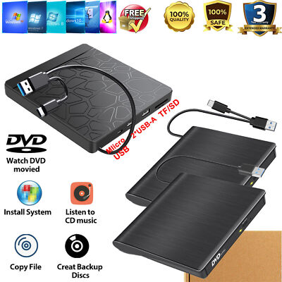 External CD/DVD Drive For PC Laptop Windows 11 10 USB 3.0 Burner Reader ...
