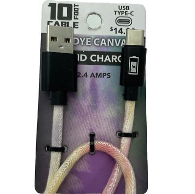 Rapid Charge USB Type C Charging Cable 10' Long Tie Dye Canvas Pastel ...