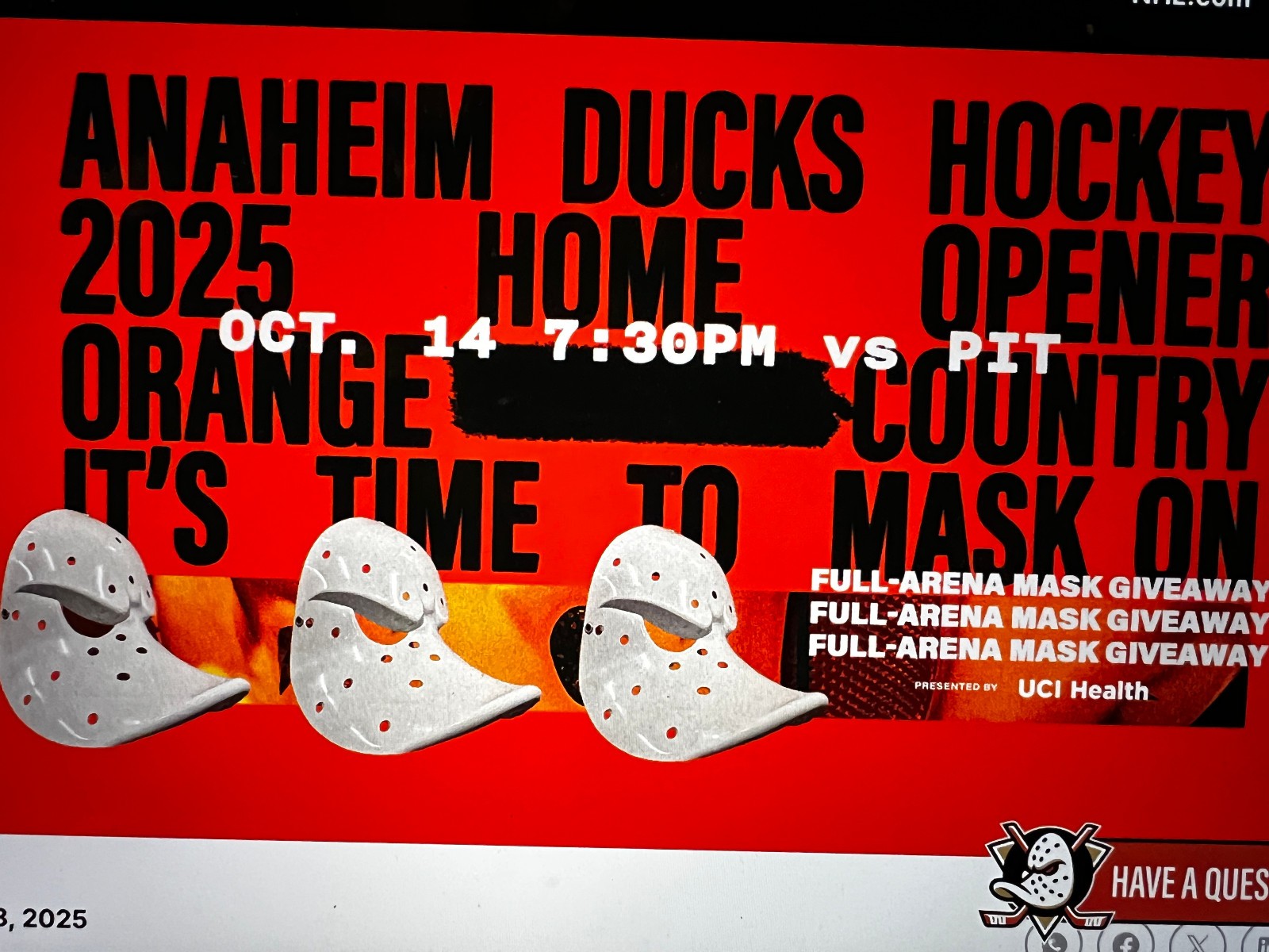 Anaheim Mighty Ducks NHL Hockey Goalie Mask Mascot Wild Wing 2025 SGA ...