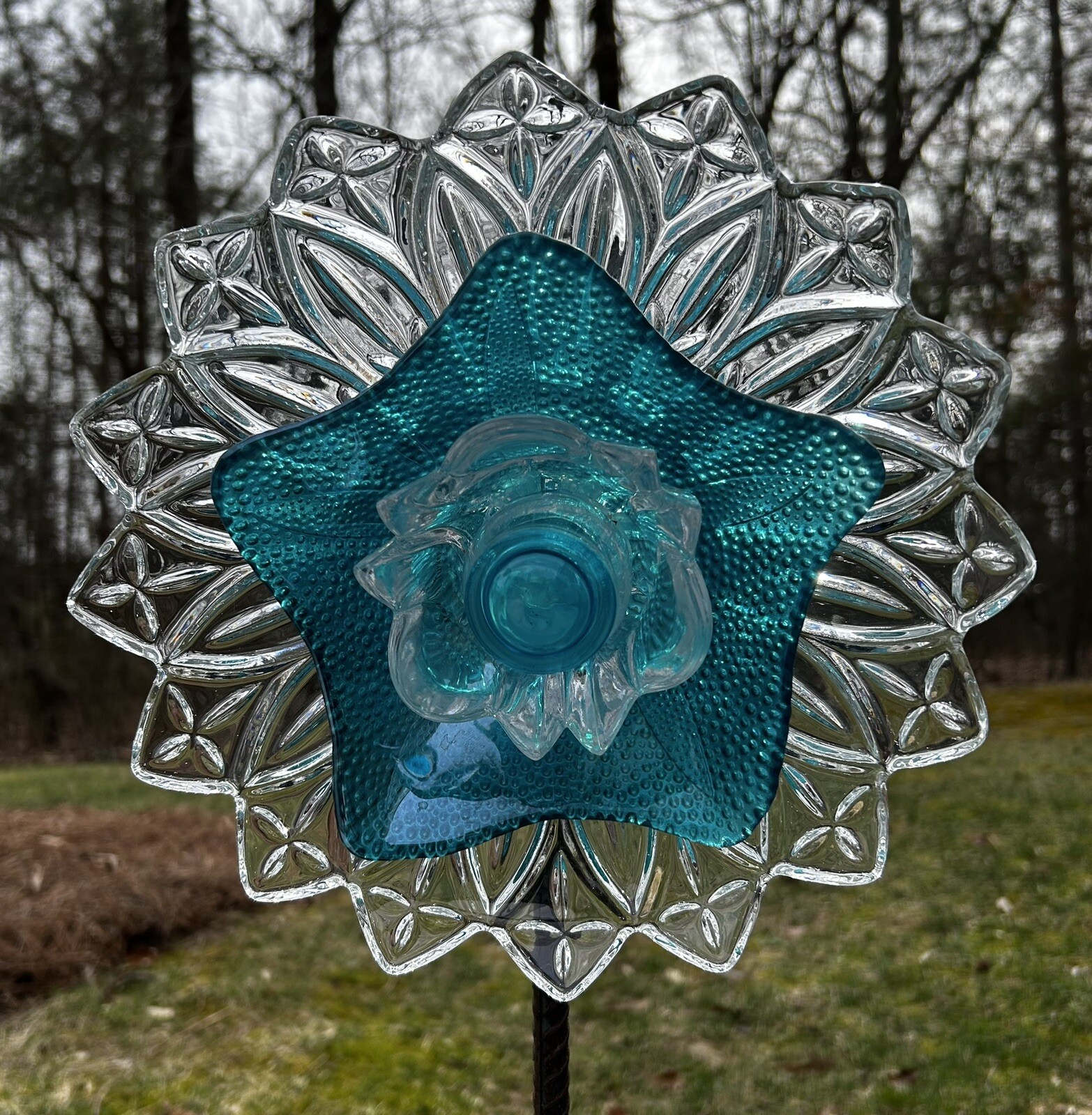 Clear Petal & Turquoise Glass Garden Flower Repurposed Suncatcher Yard ...