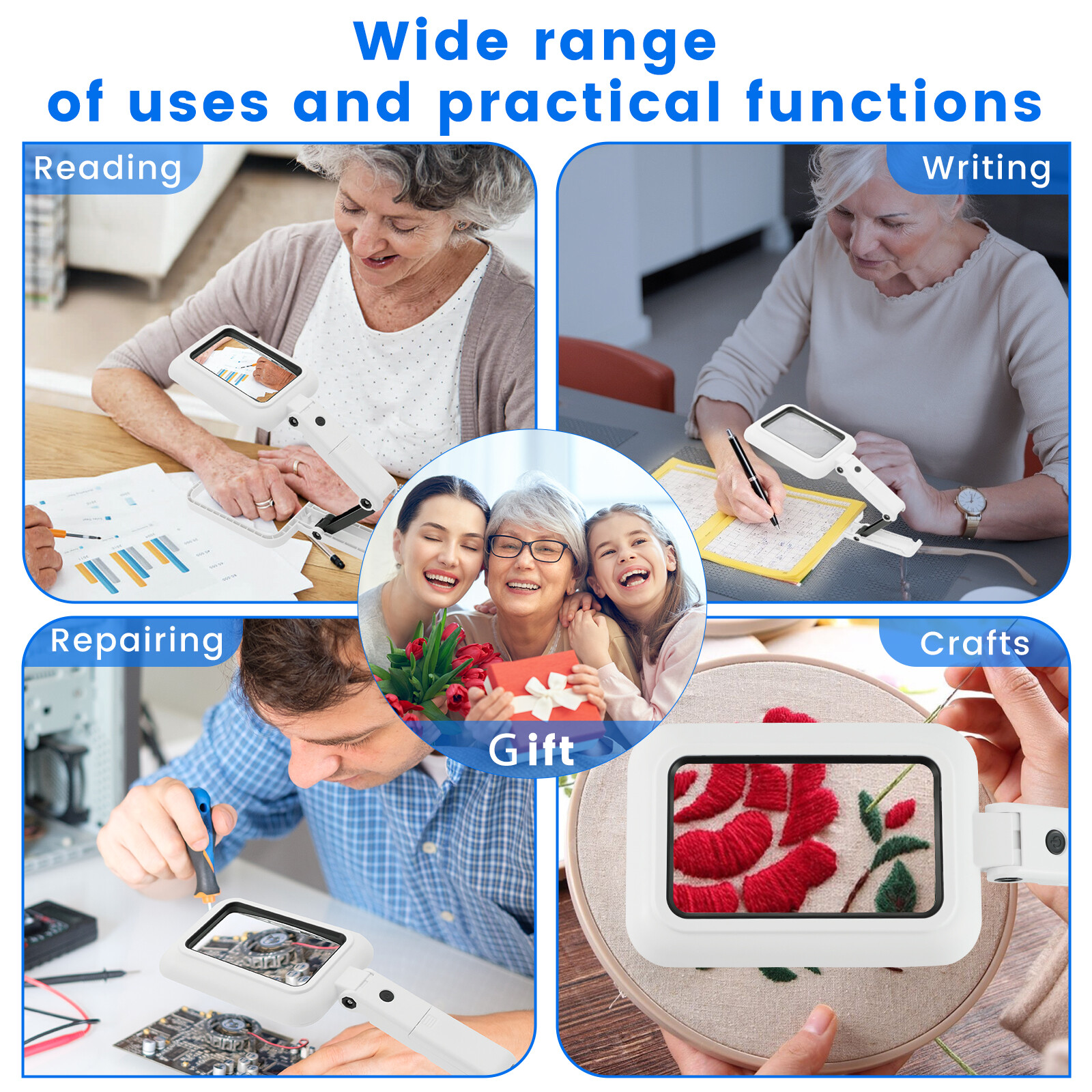 Square Magnifying Glass 3X Magnification 18 LED Handheld Reading ...