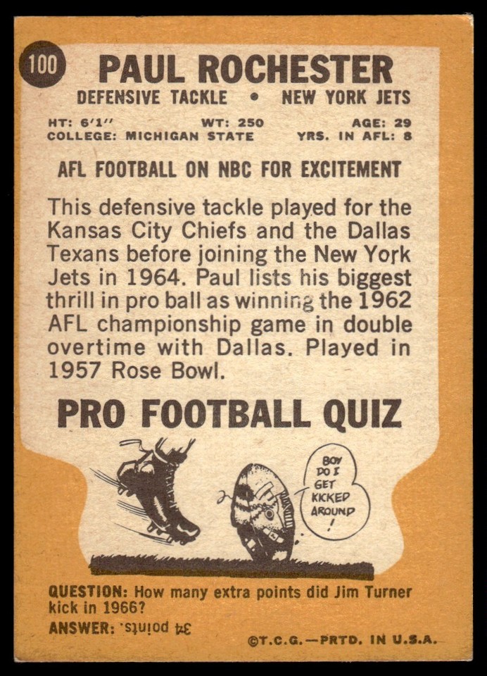 1967 Topps Paul Rochester New York Jets #100 Set Break | eBay