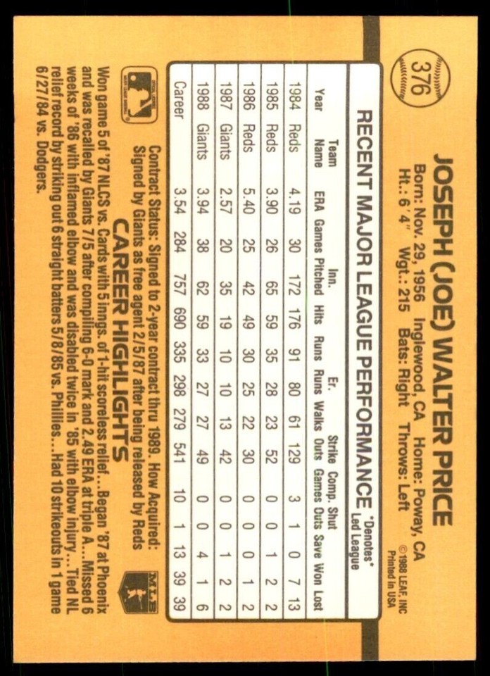 1989 Donruss Joe Price Baseball Cards #376 | eBay