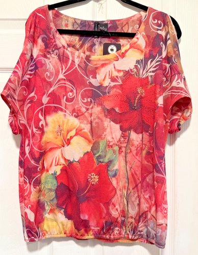 NEW DIRECTIONS Top shirt M 10 Bust 42 Length 25 Red Multi Floral Open ...