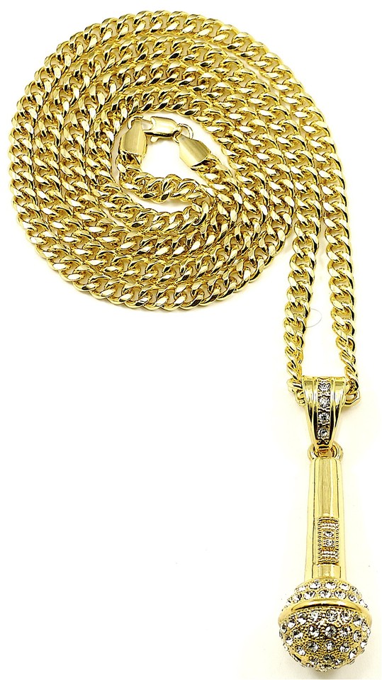 Microphone Necklace Rhinestone Pendant with Cuban Link Chain Mic DJ | eBay