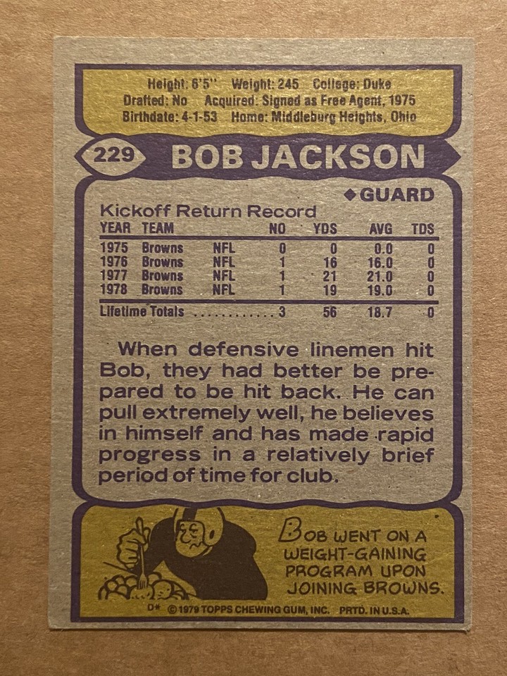 ROBERT BOB JACKSON Signed 1979 Topps #229 Browns Duke Blue Devils ...