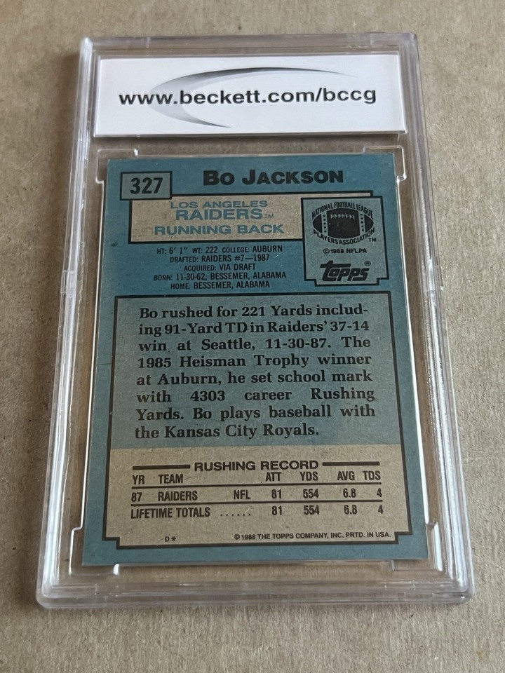 Bo Jackson 1988 TOPPS SUPER ROOKIE Card #327 - BCCG 10 Sharp Football ...