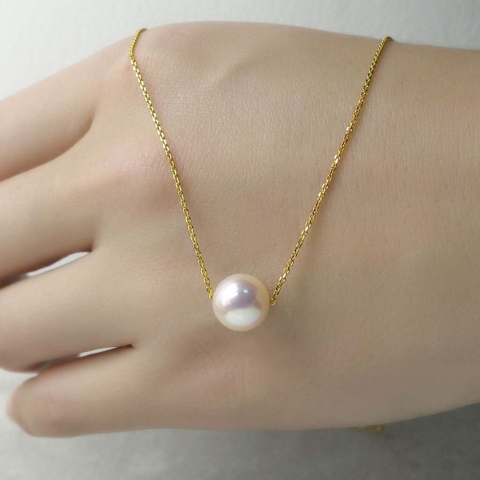 9.5-10mm Round Natural White Real Akoya Pearl Floating Pendant Necklace ...