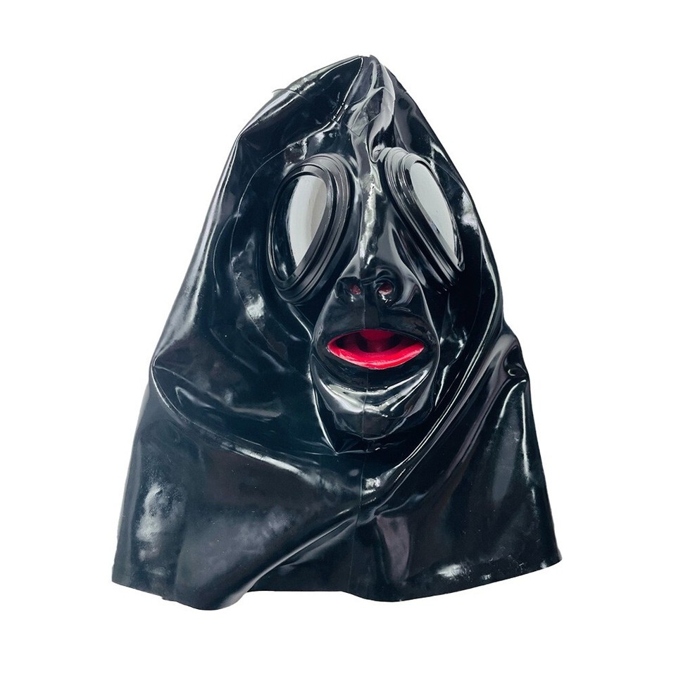 Black Latex Hood Mask with Eye Glass 15cm Long Nose Tube Teeth Gag ...