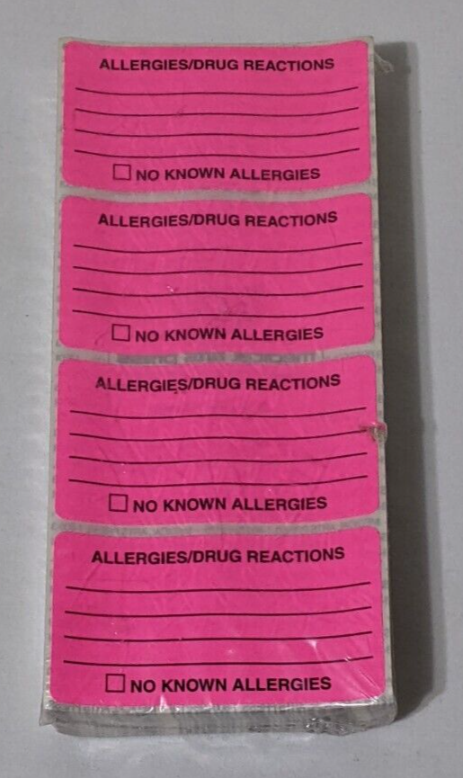Allergy Warning Labels, ALLERGIES/DRUG REACTIONS -Fl Pink, 3-1/4" X 1-3 ...