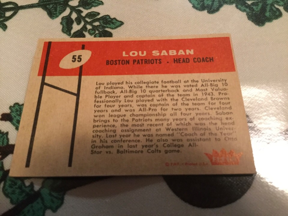 1961 Fleer Lou Saban Football Card RC Bills Patriots #55 NM | eBay