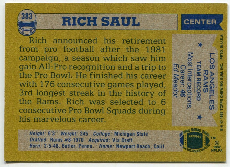 1982 Topps #383 Rich Saul Los Angeles Rams All-Pro | eBay