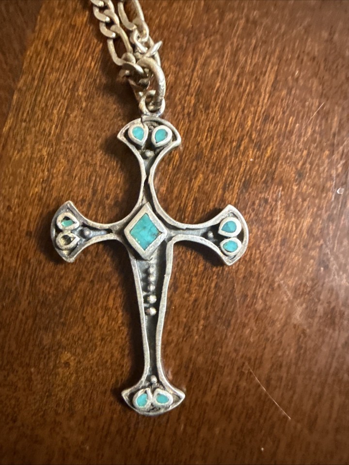 Vtg Southwestern Sterling Cross Necklace Turquoise Chip Inlay Figaro ...