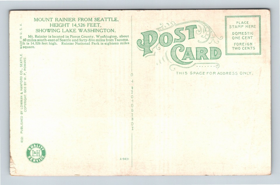 Mount Rainier Volcano & Lake Washington From Seattle Divided Back ...