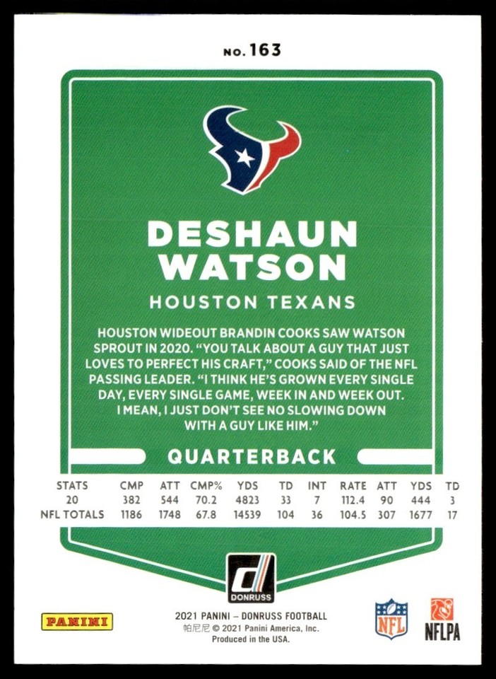 2021 Donruss Deshaun Watson Houston Texans #163 | eBay