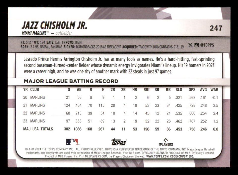 2024 Topps Big League Uncommon Foil #247 Jazz Chisholm Jr. Miami ...
